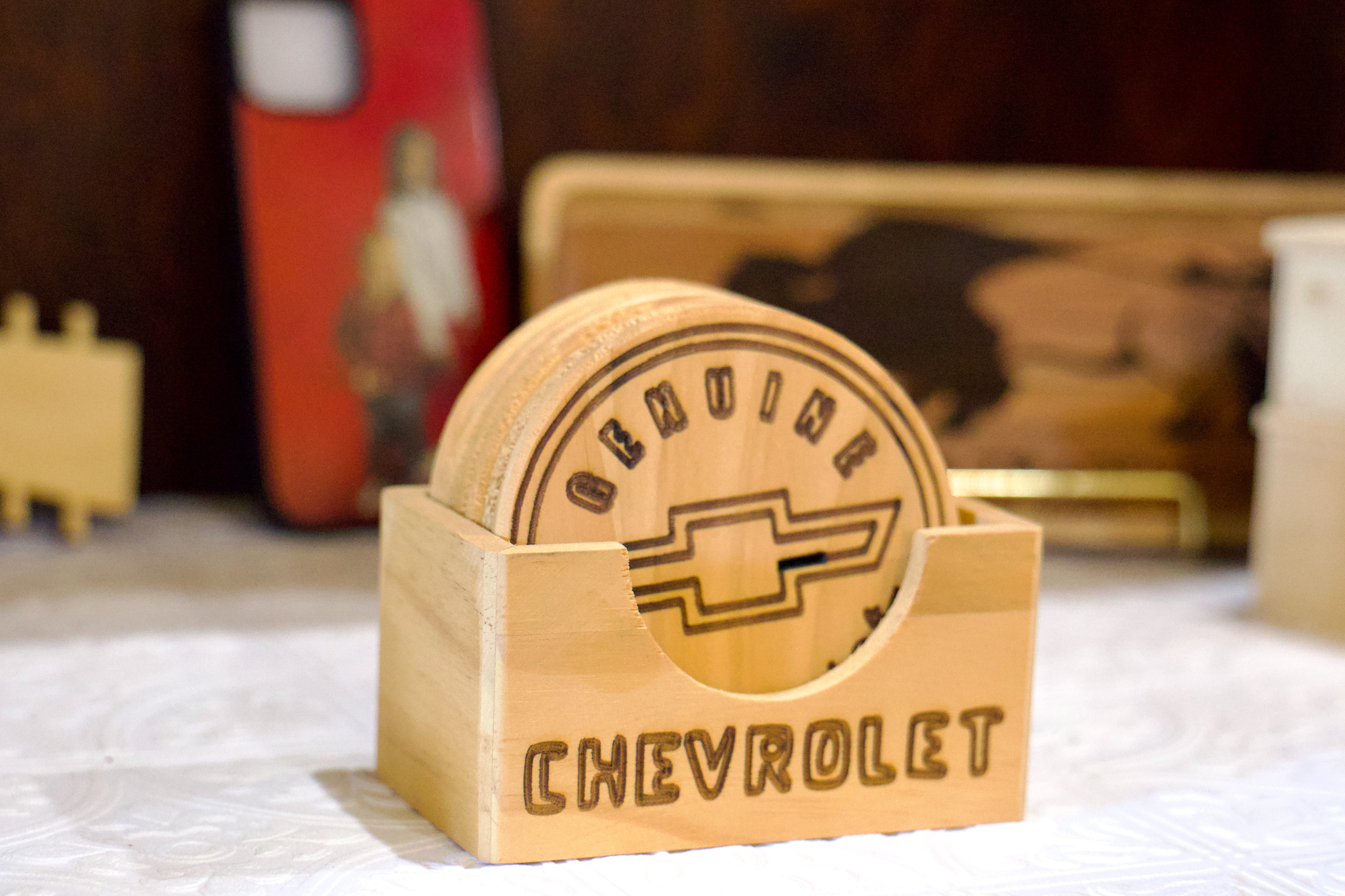 Chevrolet wooden coasters – Upstate Awards and More LLC